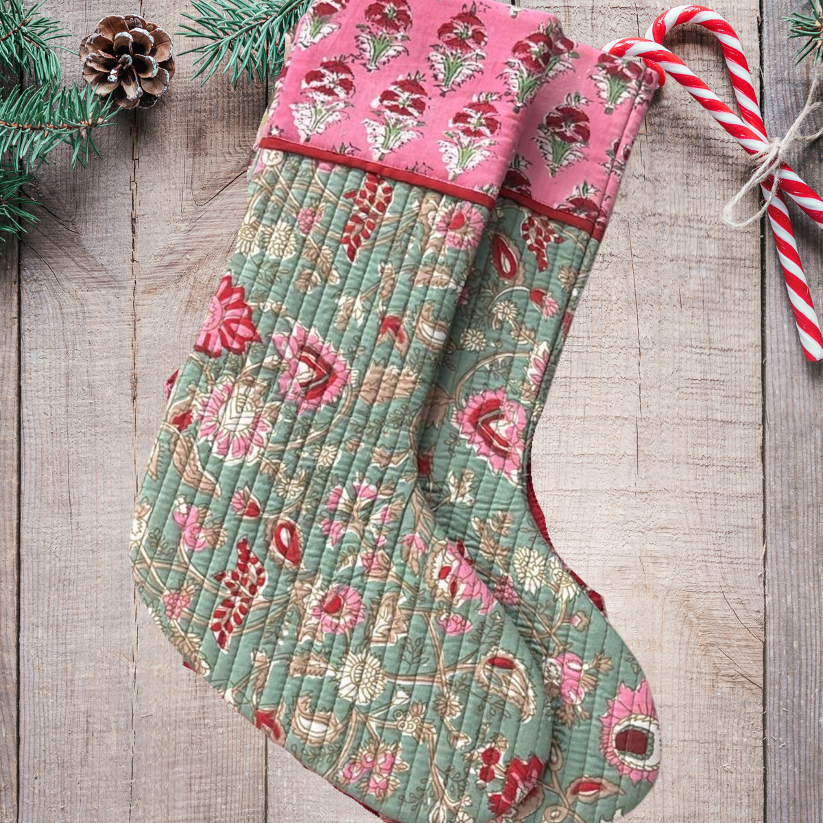 Evergreen Bloom–Handblock Print Quilted Stocking | SmithHönig