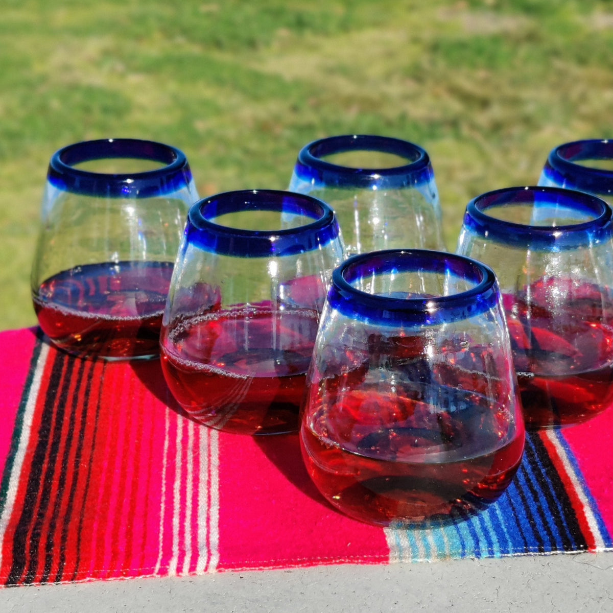 Hand Blown Mexican Stemless Wine Glasses - Set of 6 Glasses with Cobalt ...